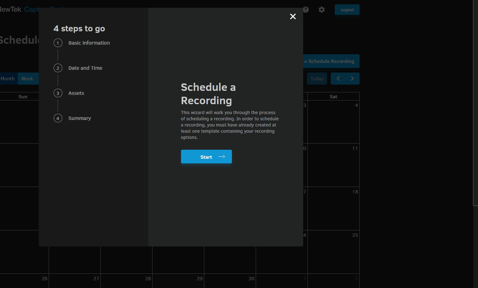 Creating or editing a scheduled recording via our step-by-step wizard.